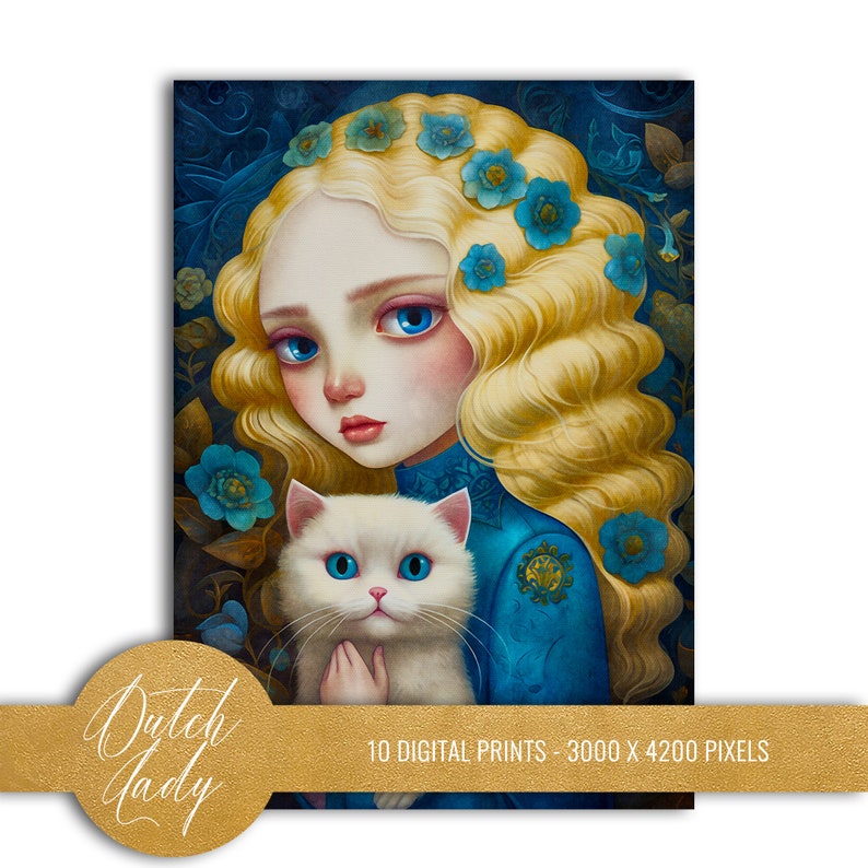 Cat Lady Portrait Postcard and Poster Set, Girls Holding Cats, Mystic ...