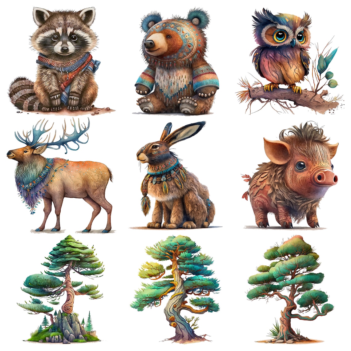 Tribal Forest Animals Clipart Set Watercolor Woodland Boho Style ...