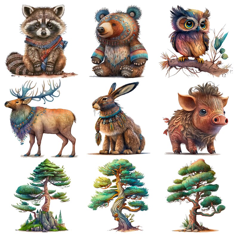 Tribal Forest Animals Clipart Set Watercolor Woodland Boho Style ...