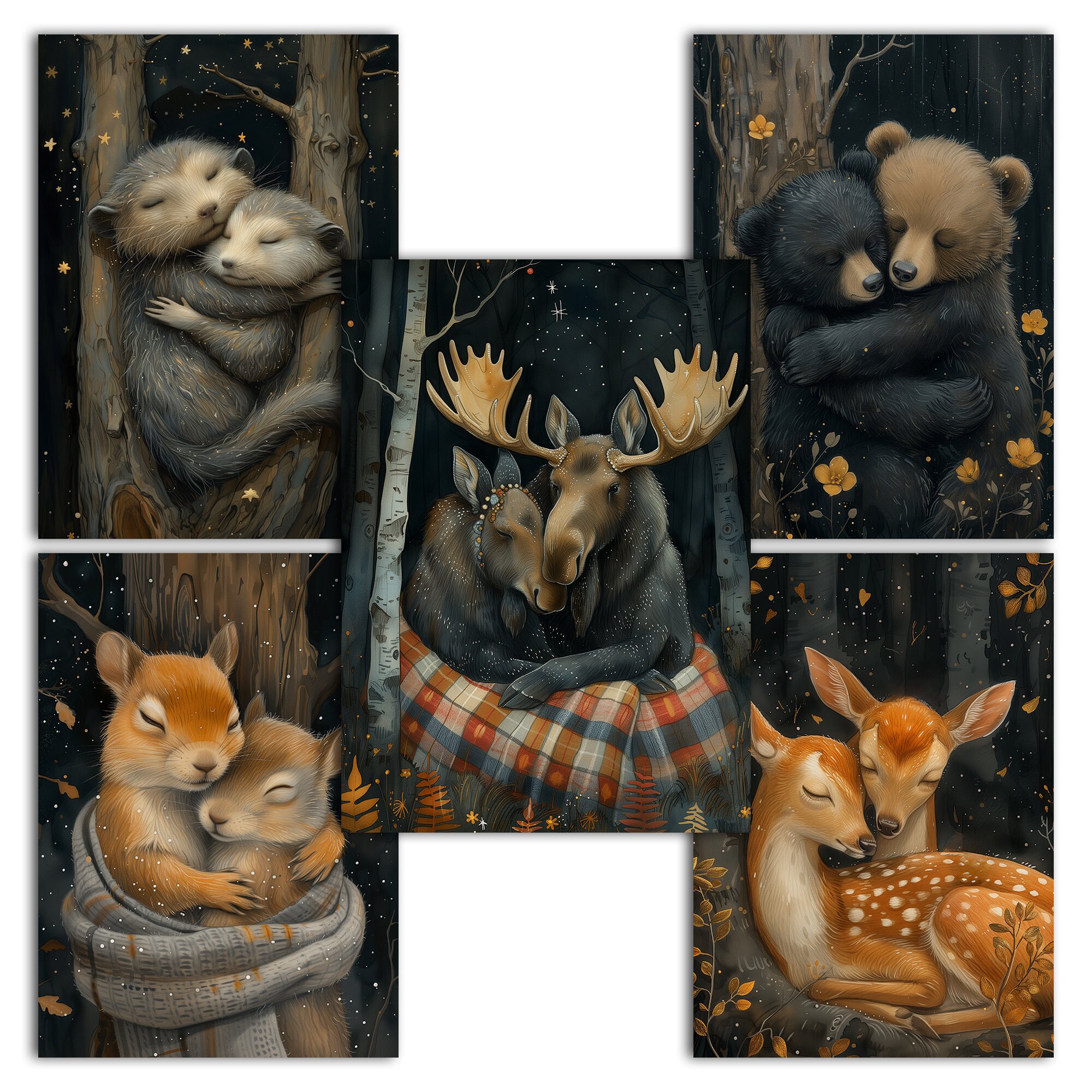 Cuddling Animals Postcard and Poster Set, Printable Digital Art, Cute ...