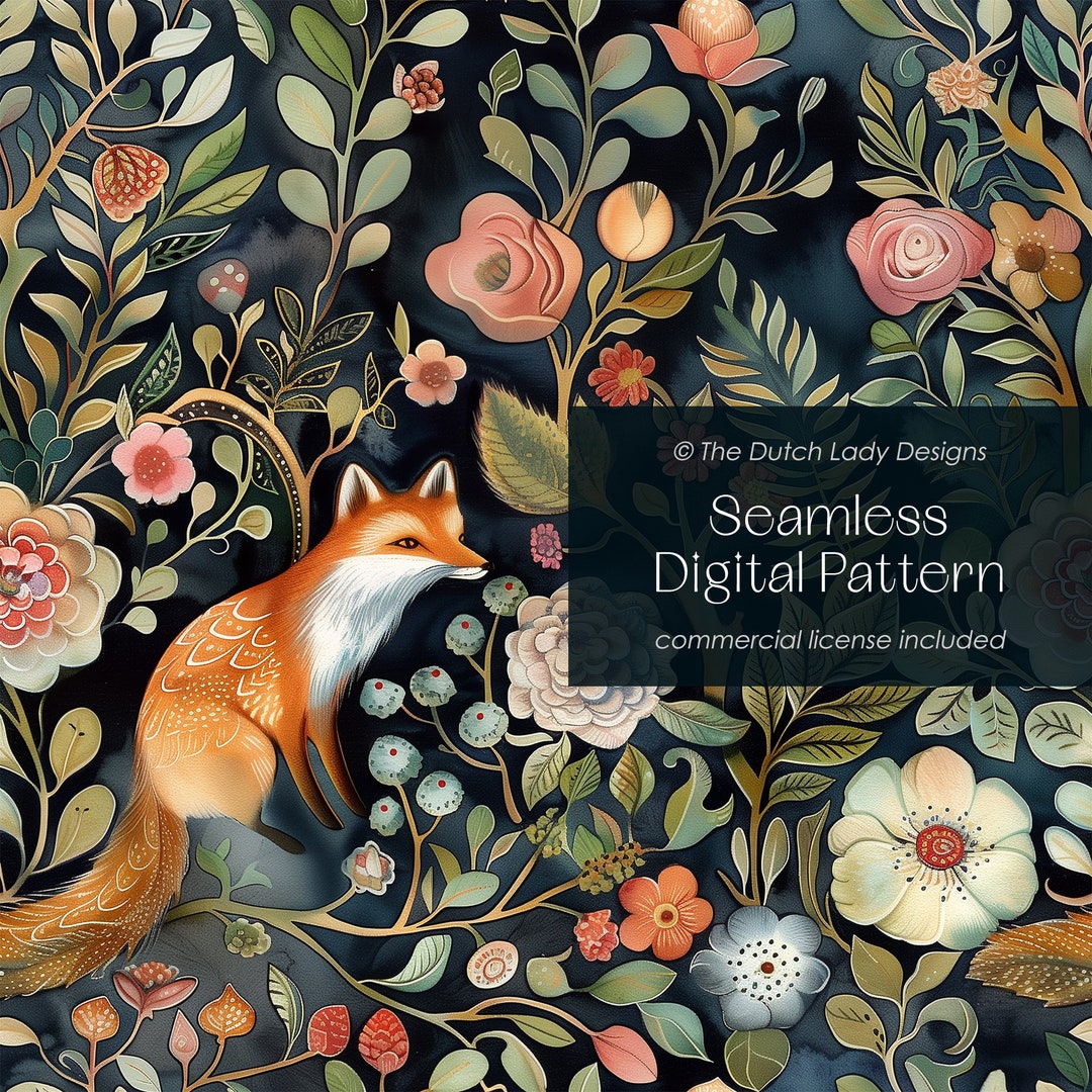 Floral Fox SEAMLESS Digital Pattern, Foliage, Flowers, Tileable Nature ...