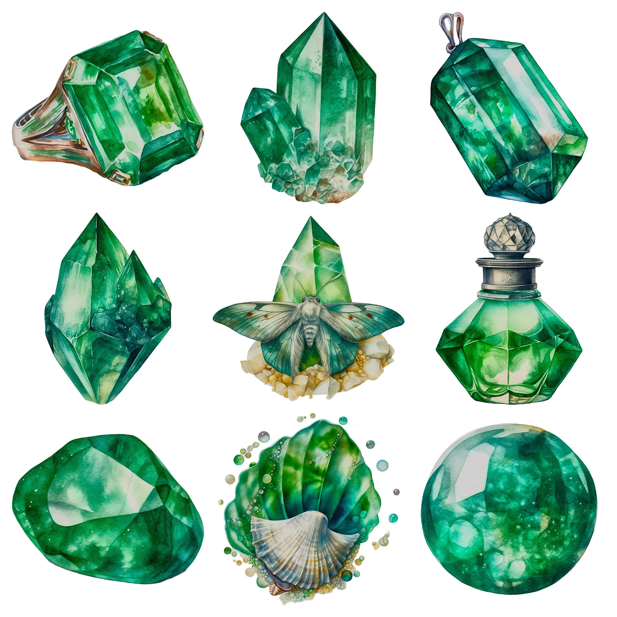 Green Emerald Crystal Clipart Set Crystal Stones & Clusters Esoteric ...