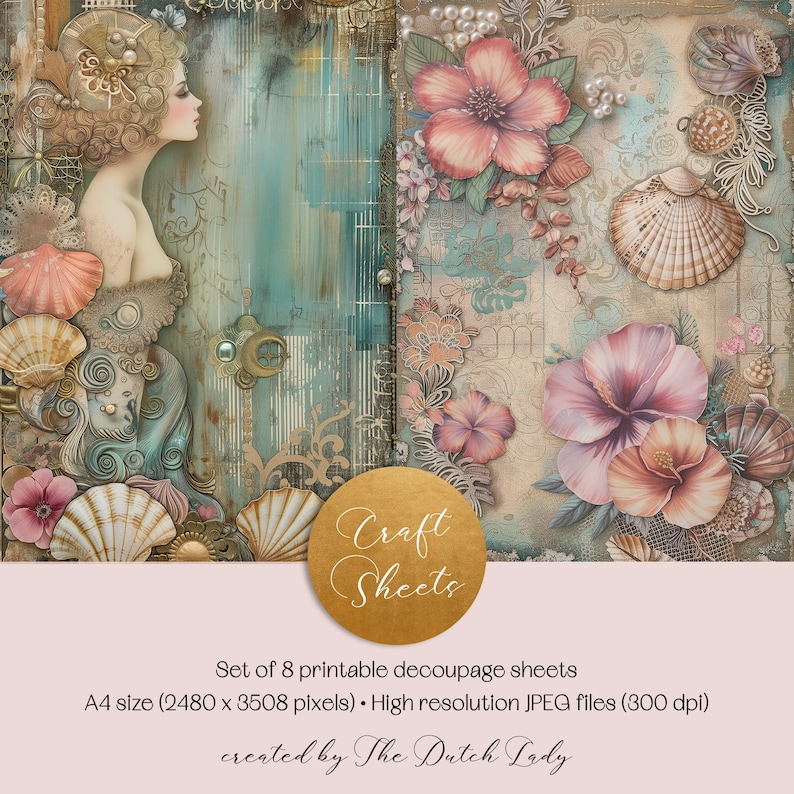 Seashells & Mermaids Printable Journal Paper: Vintage Ocean Decoupage ...