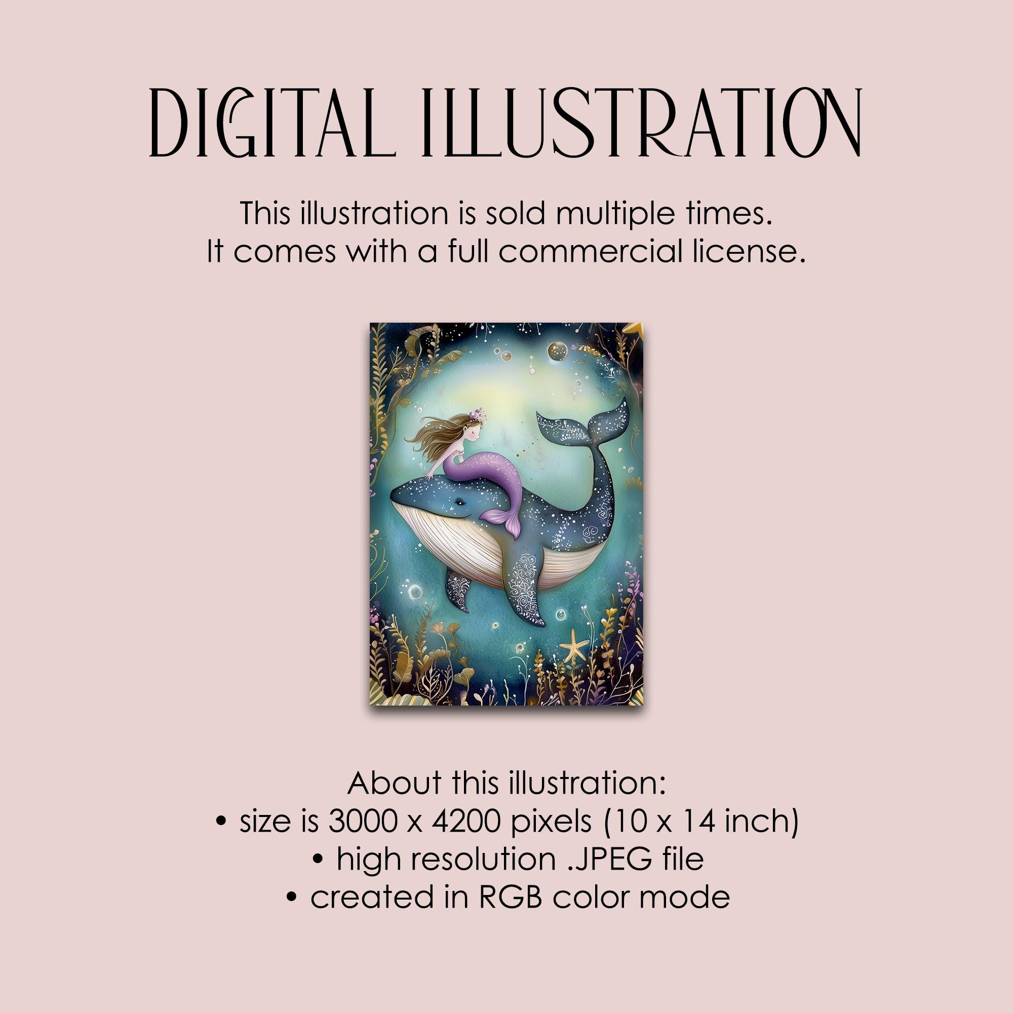 Mermaid and Whale Illustration, Cute Storybook Art (digital Download ...