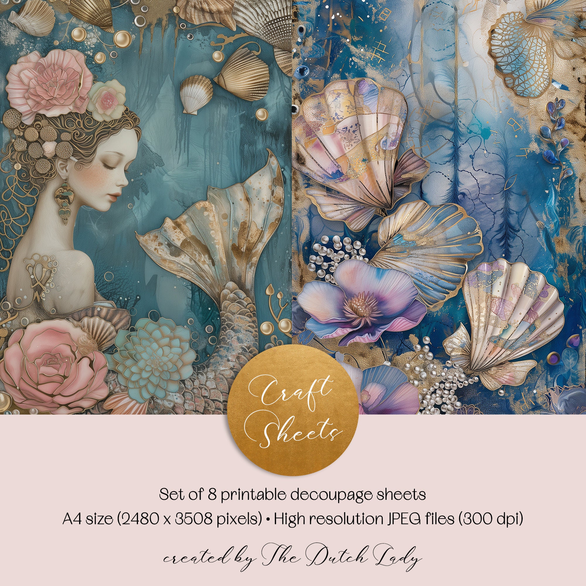 Seashells & Mermaids Printable Journal Paper: Vintage Ocean Decoupage ...