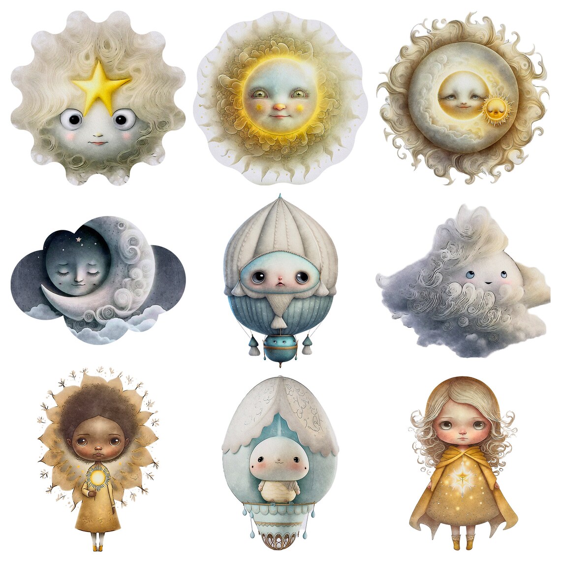 Celestial Mystic Clipart Set Cute Sun Moon Star Cloud Graphics Fantasy ...