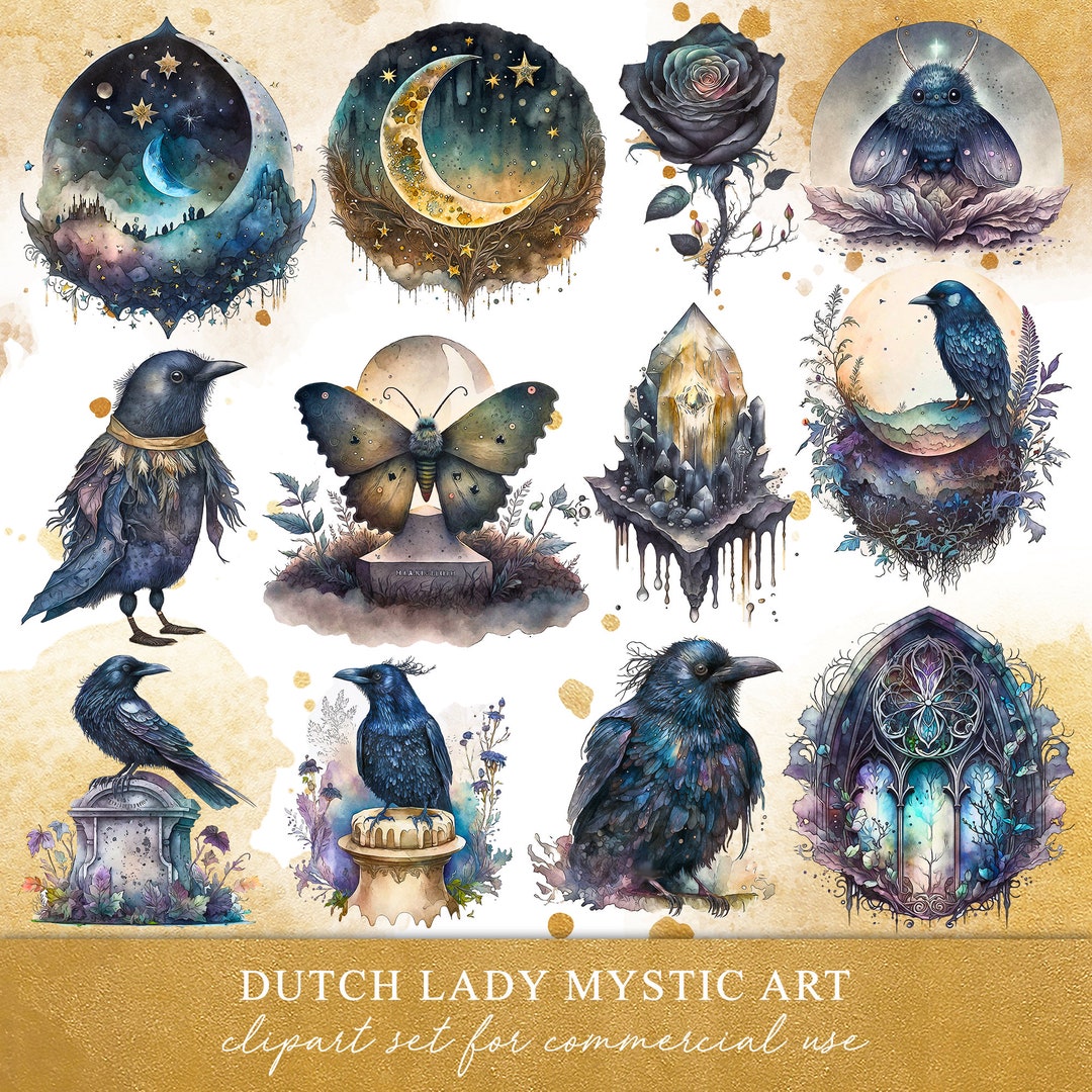 Mystical Raven Clipart Set - Creepy Watercolor Moths, Moons, Tombstones ...