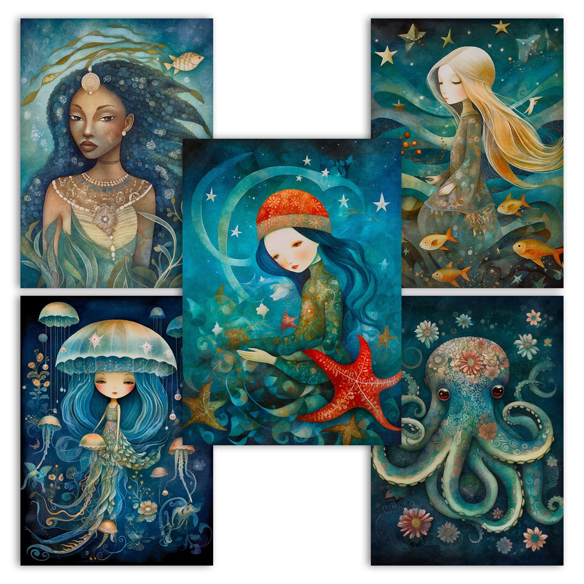 Ocean Sirens Postcard and Poster Set, Printable Digital Card Designs ...