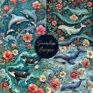 Floral Ocean Digital Backgrounds - Scrapbook Paper - Seamless Whale ...