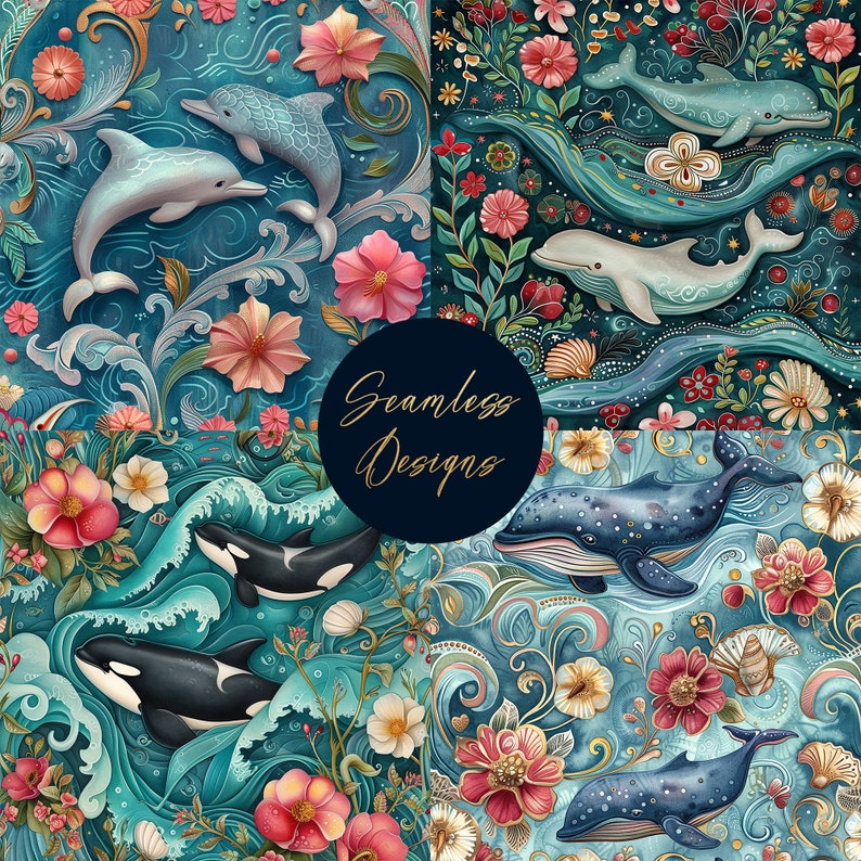 Floral Ocean Digital Backgrounds Scrapbook Paper Seamless Whale, Waves ...