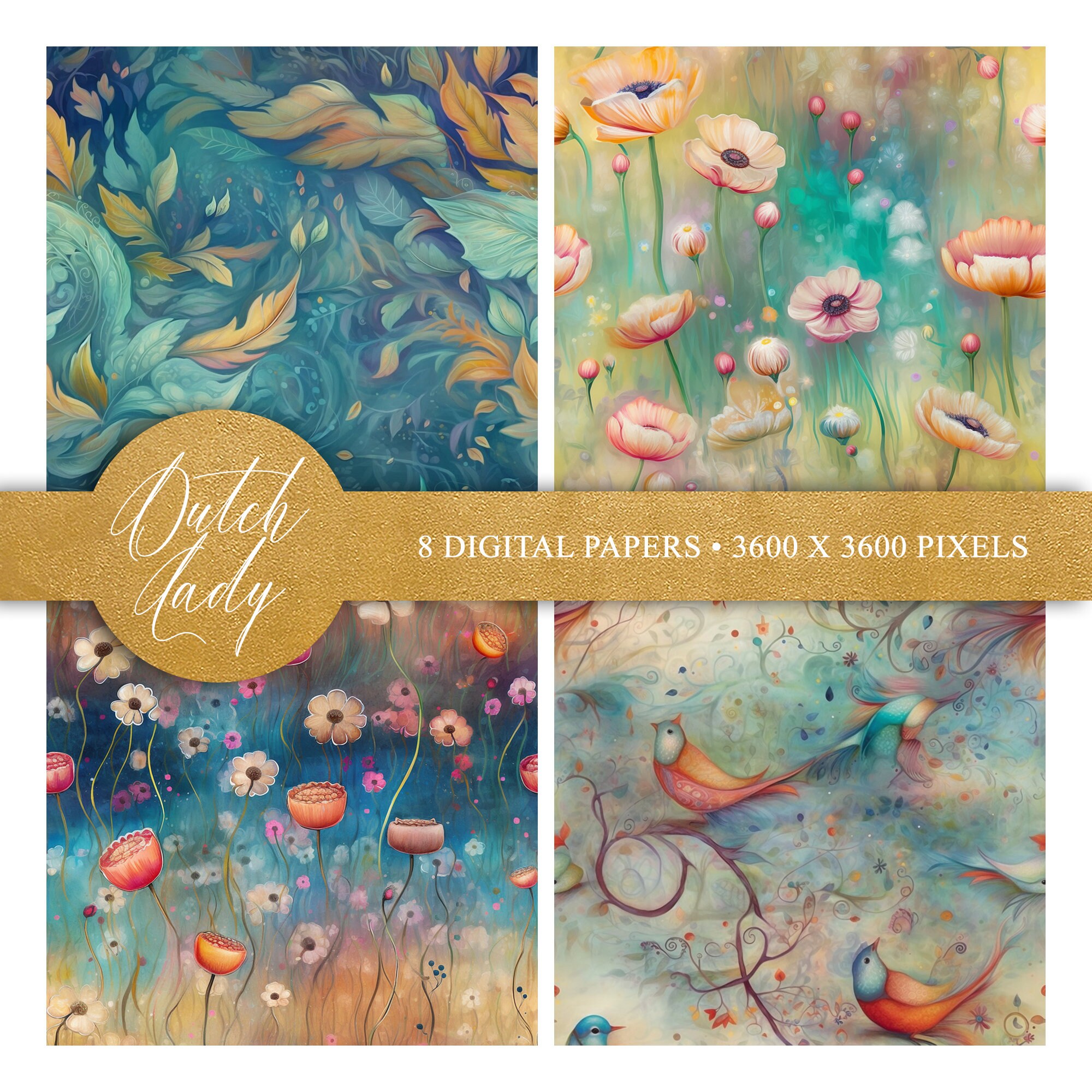 Birdies & Flowers Digital Backgrounds Printable Scrapbook Paper Set ...