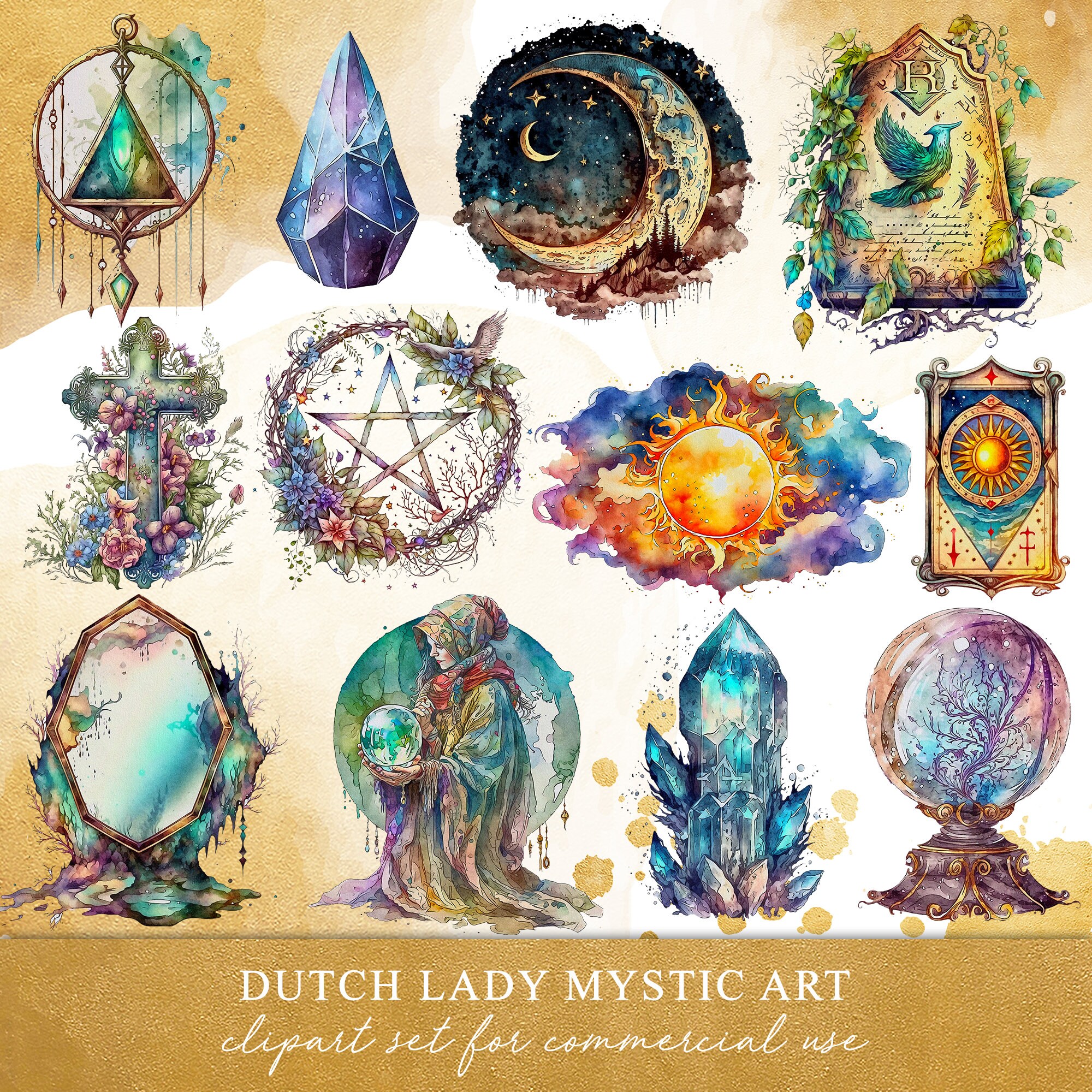 Fortune Telling Clipart Set - Psychic Medium Graphics - Gold Watercolor ...