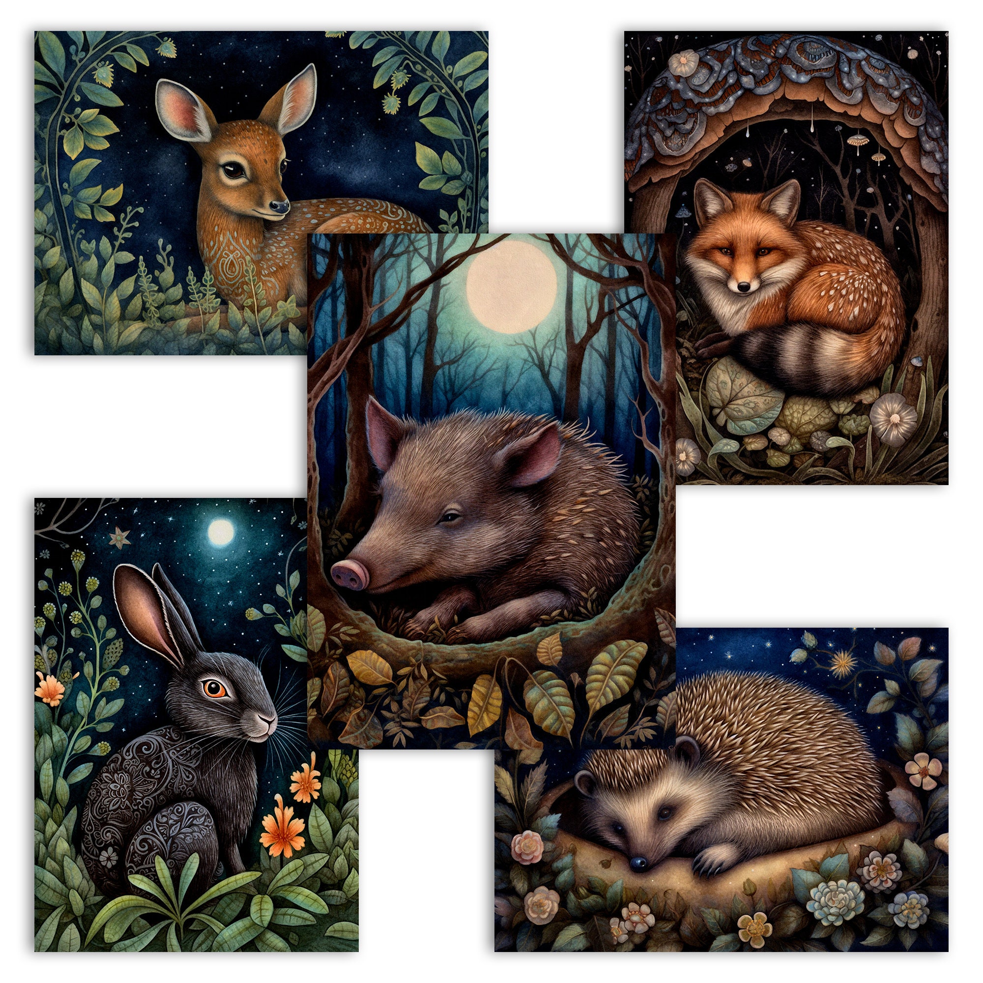 Midnight Animals Postcard and Poster Set Printable Digital Art Mystical ...