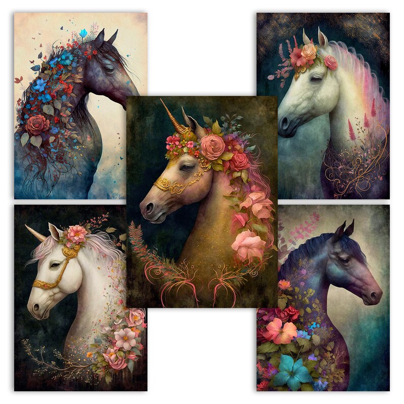 Floral Horse & Unicorn Portrait Prints: Elegant Postcard Set (digital ...