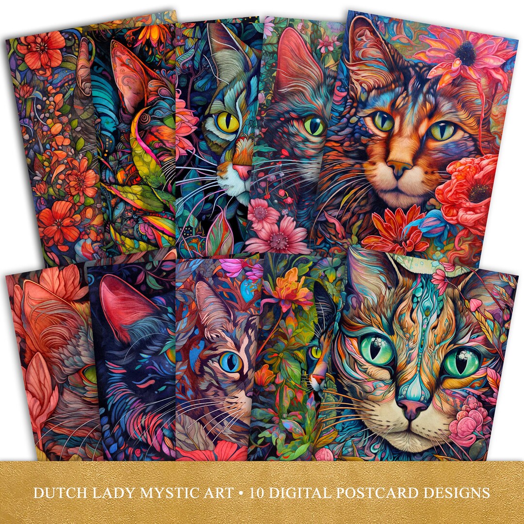 Floral Cat Portrait Postcard and Poster Set, Printable Digital Card ...