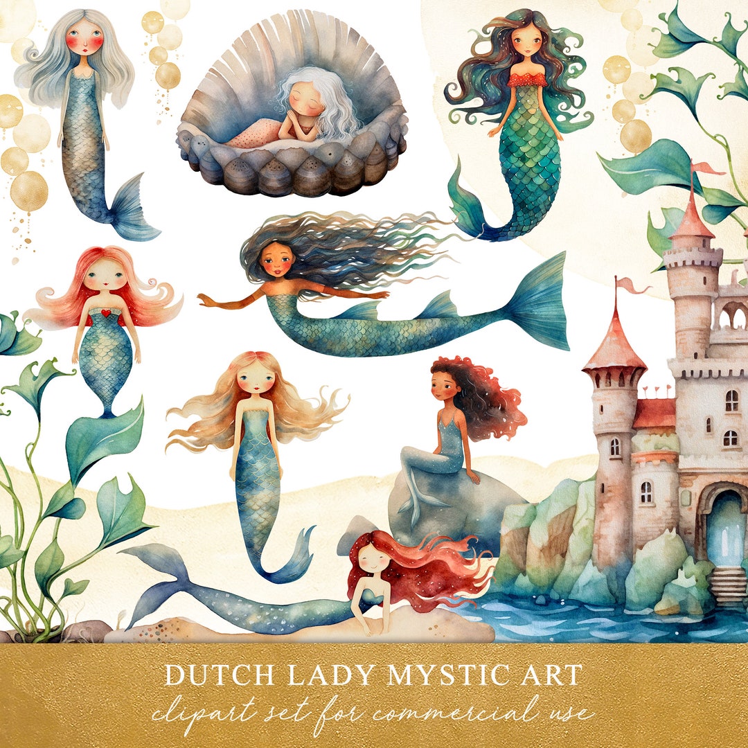 Watercolor Mermaid Clipart Set: Fantasy Ocean Graphics (INSTANT ...