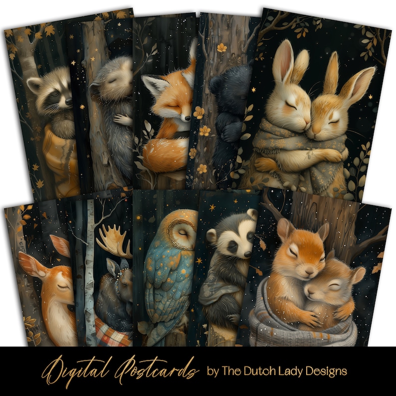 Cuddling Forest Animals Postcard Set, Cute Printable Art (digital ...