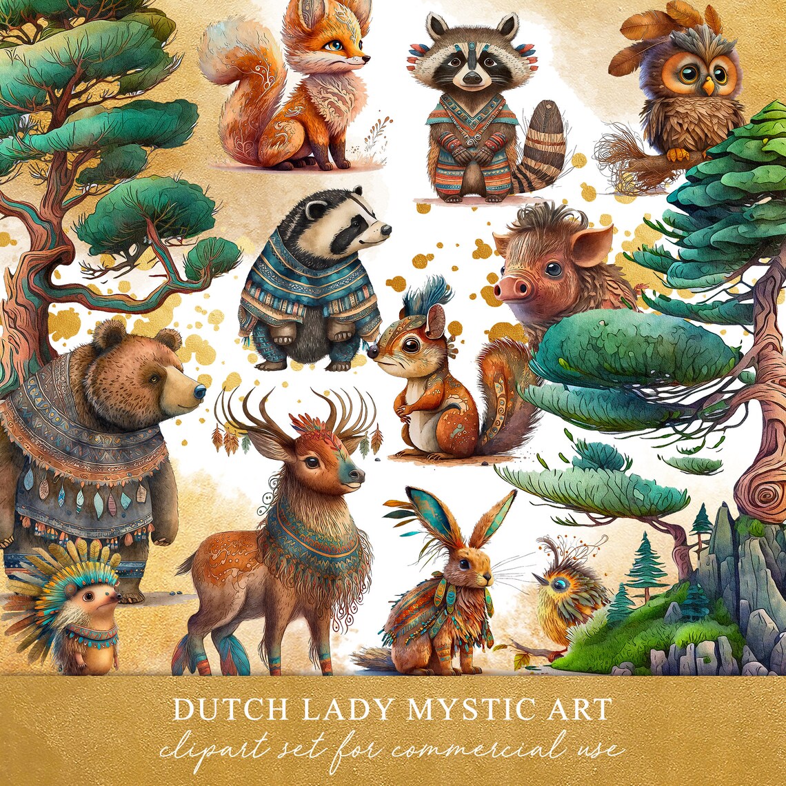 Tribal Forest Animals Clipart Set Watercolor Woodland Boho Style ...