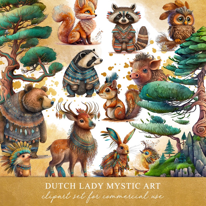 Watercolor Tribal Animals Clipart: Boho Woodland PNG Set (digital ...