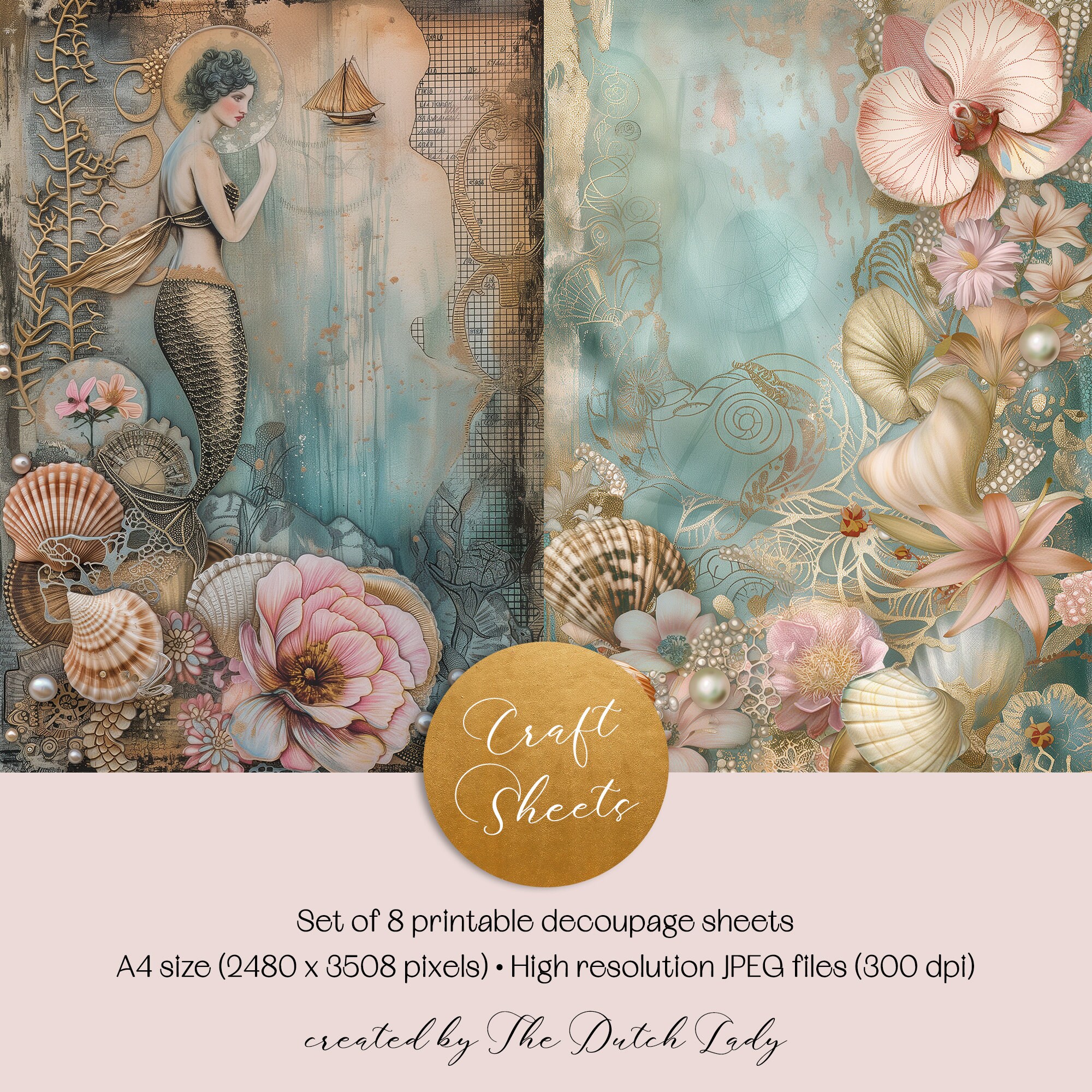 Seashells & Mermaids Printable Journal Paper: Vintage Ocean Decoupage ...