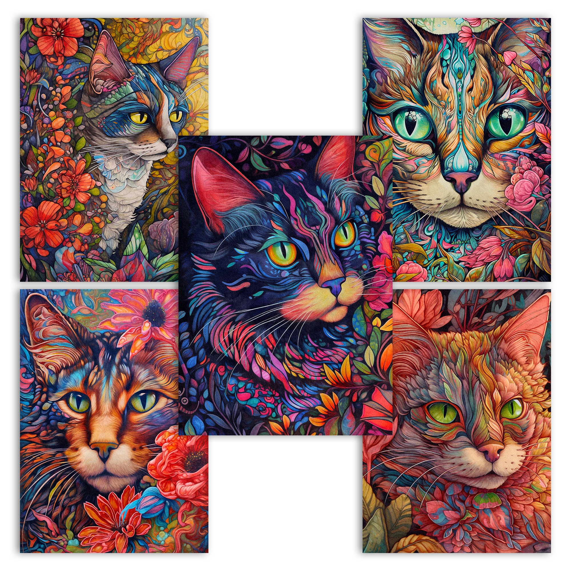 Floral Cat Portrait Postcard and Poster Set Printable Digital Design ...