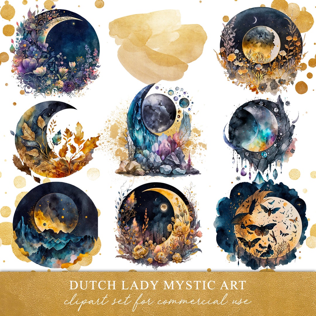 Mystic Moon Phase Clipart: Watercolor Flowers, Crystals, Moths (digital ...
