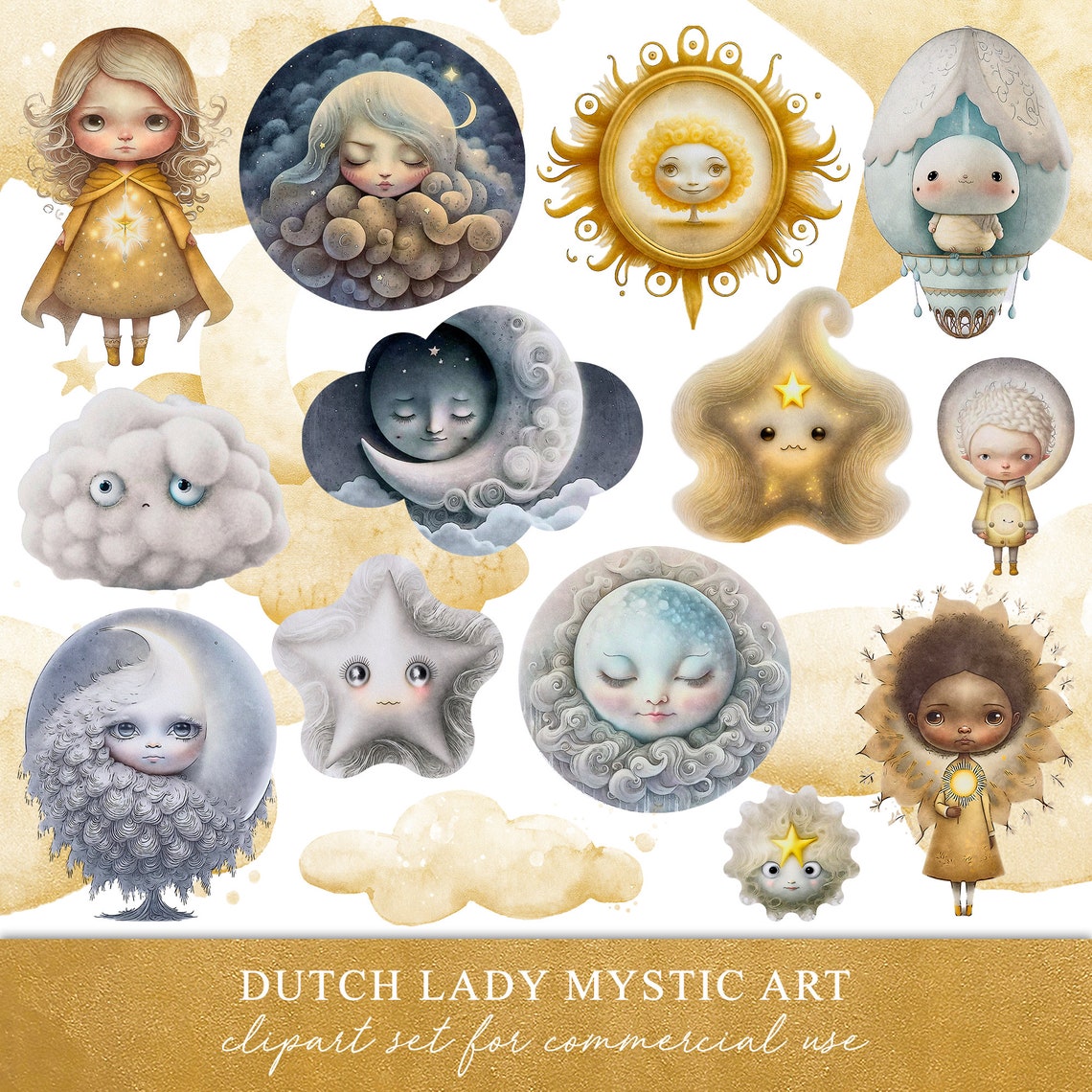 Celestial Mystic Clipart Set Cute Sun Moon Star Cloud Graphics Fantasy ...