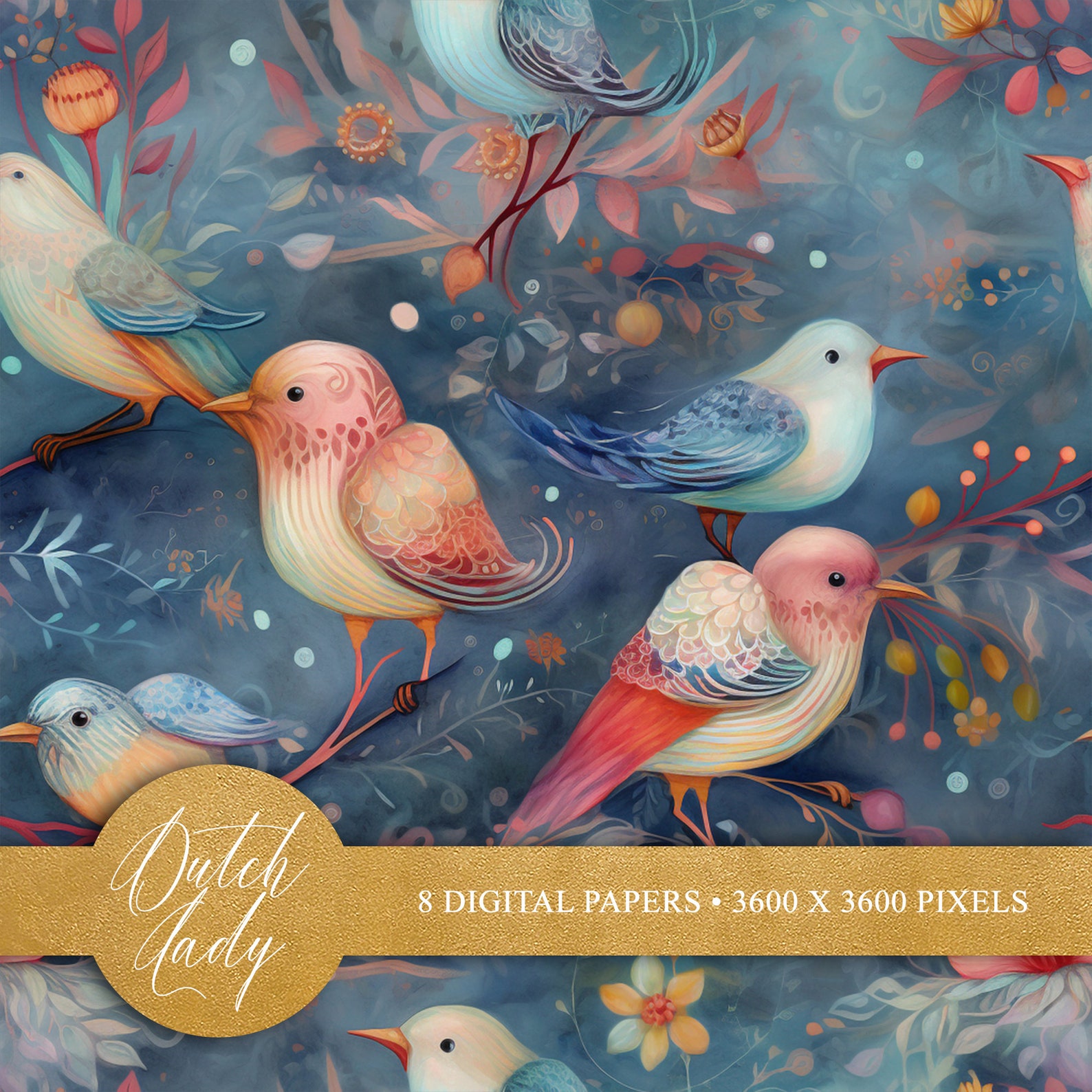 Bird & Flower Digital Paper: Seamless Scrapbook Backgrounds (8 JPEG ...