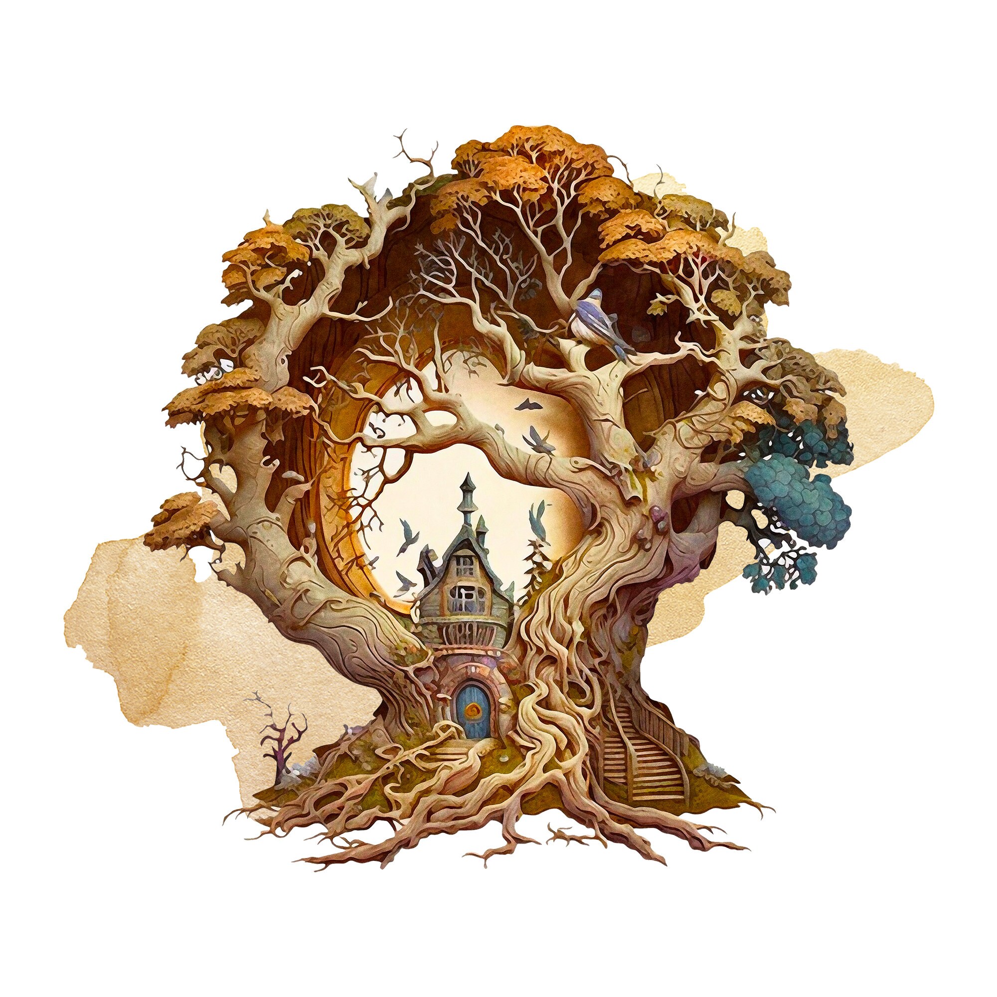 Mystical Tree Carvings Clipart Set Wood Cuttings Forest Spirits ...