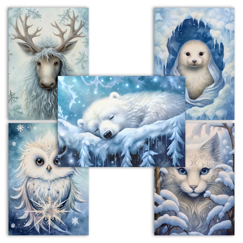 Snow Animals Postcard Poster Set - Printable Digital Card Designs ...