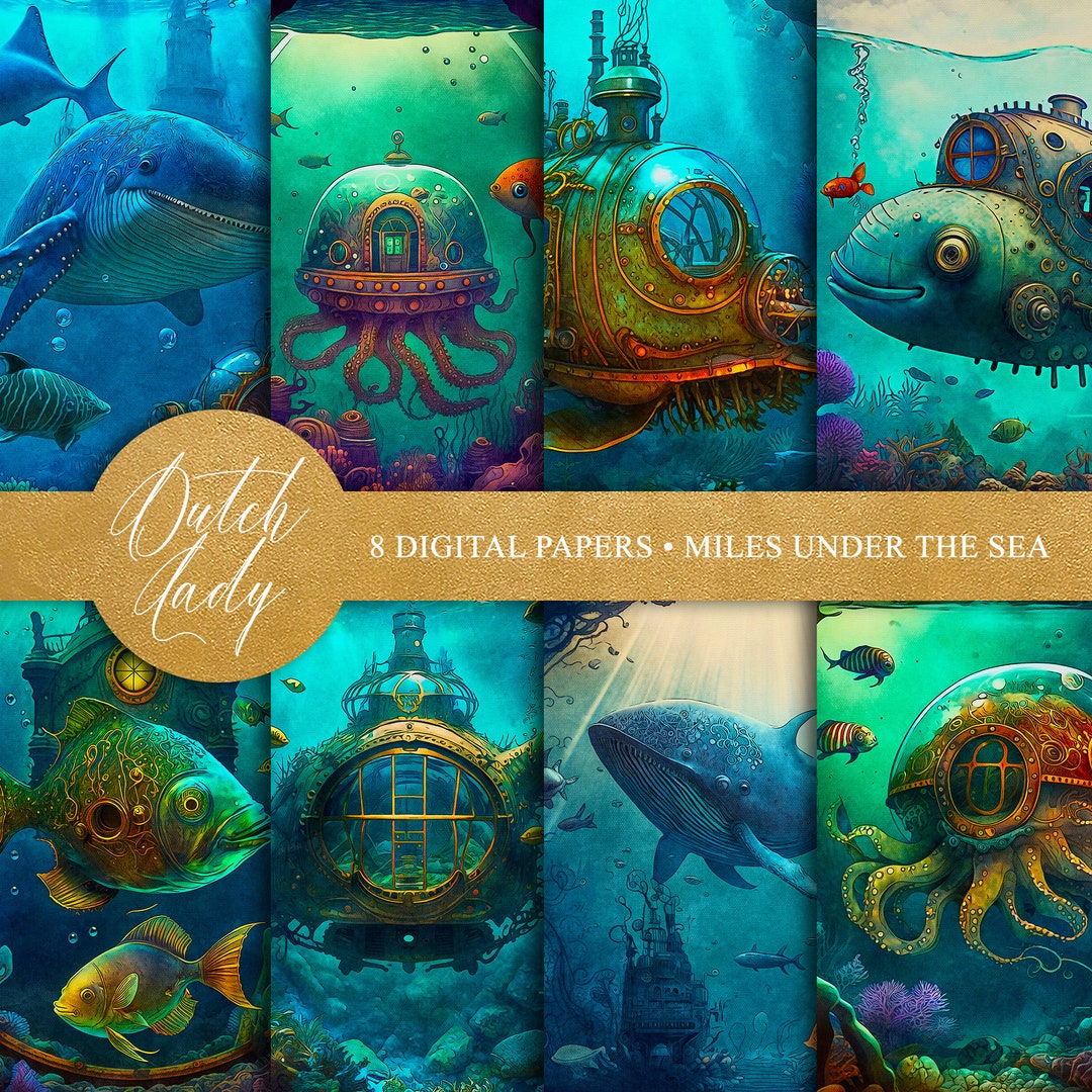 Steampunk Ocean Digital Paper: Submarines, Sea Life (8 JPEG Files ...