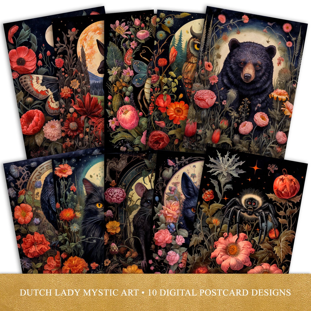 Gothic Botanical Animal Postcard & Art Print Set, Dark Moody Halloween ...