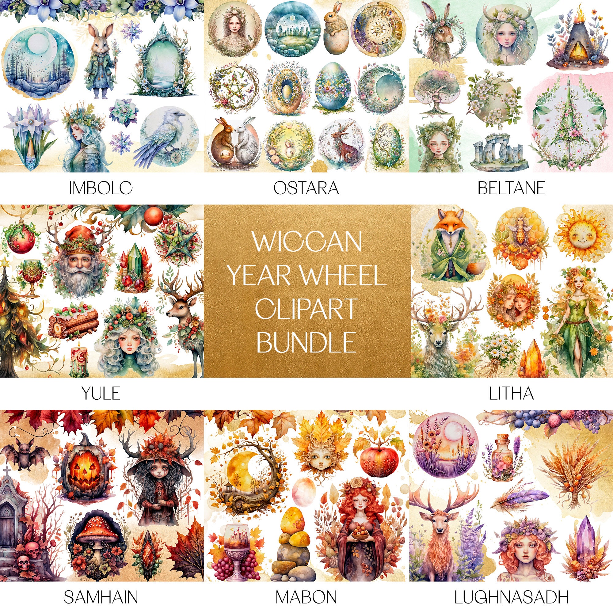 Wiccan Wheel of the Year Clipart Bundle Imbolc, Ostara, Beltane, Litha ...