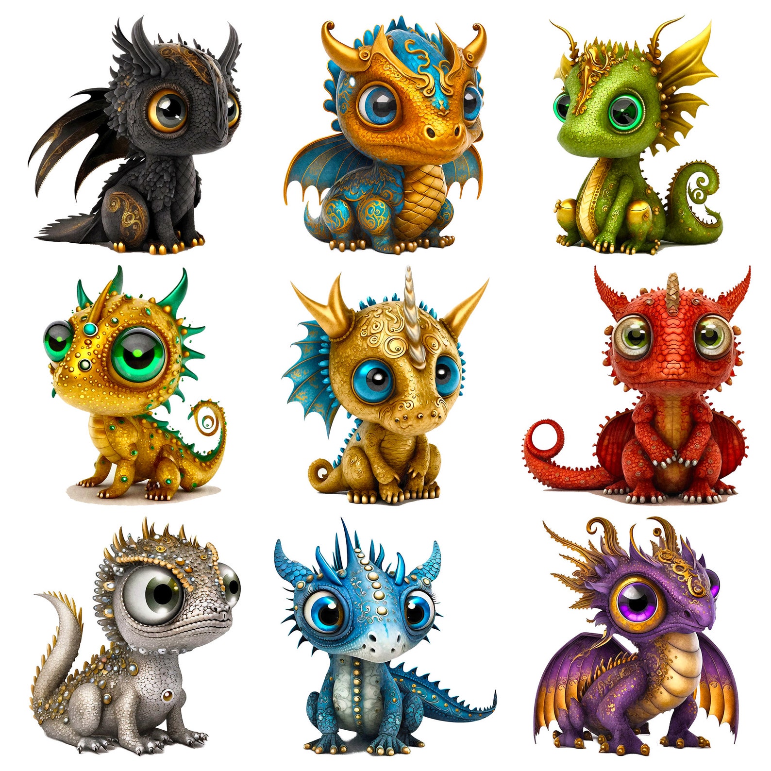 Cute Little Dragon Clipart Set - Fantasy Cartoon Creatures - Metallic ...