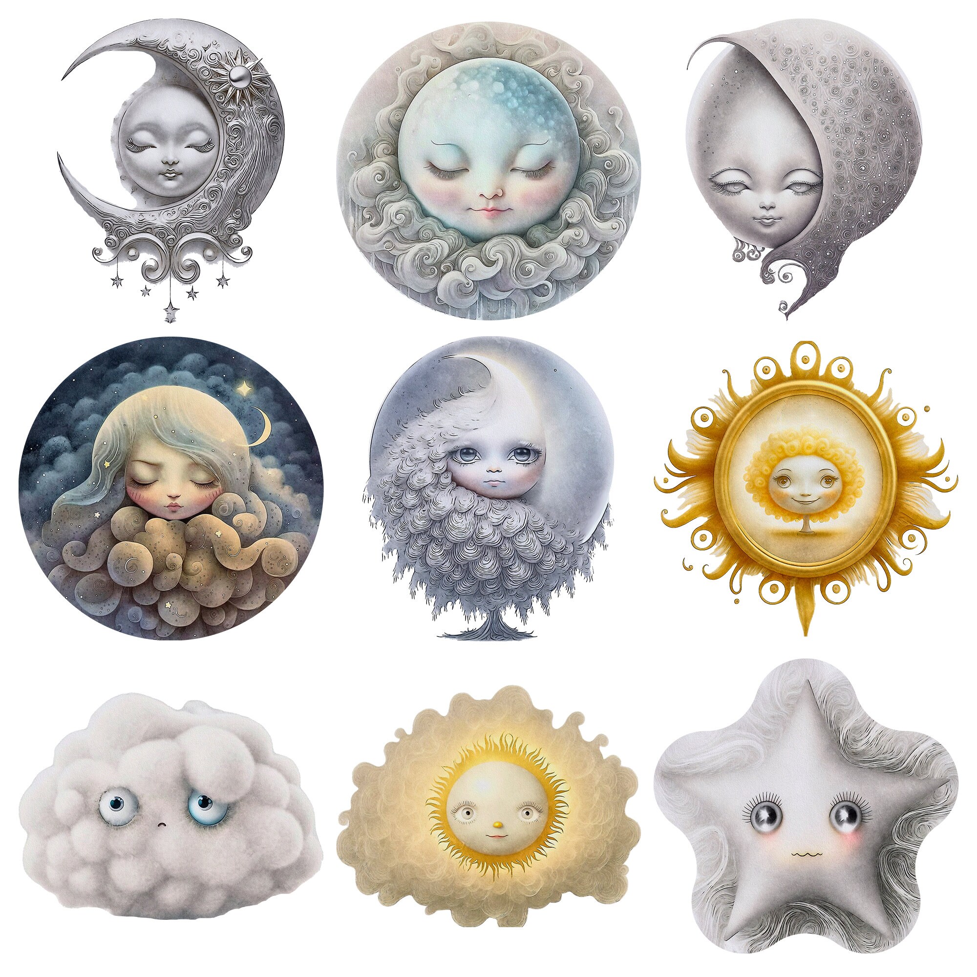 Celestial Mystic Clipart Set Cute Sun Moon Star Cloud Graphics Fantasy ...