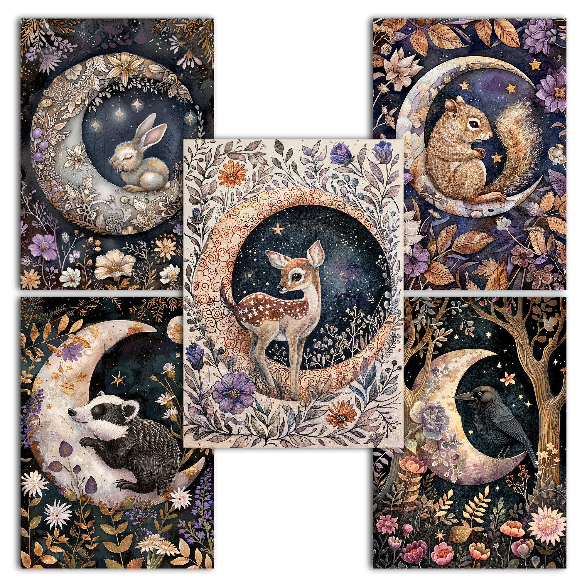 Moon Animals Postcard and Poster Set, Printable Digital Art, Forest ...