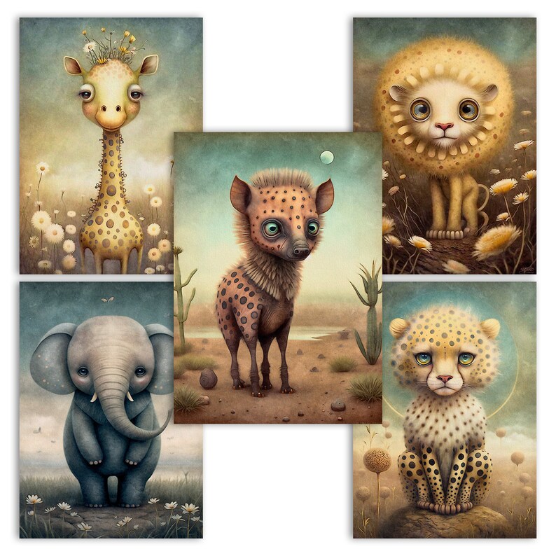 Cute Savanna Animal Postcard and Poster Set, African Safari Animal Art ...