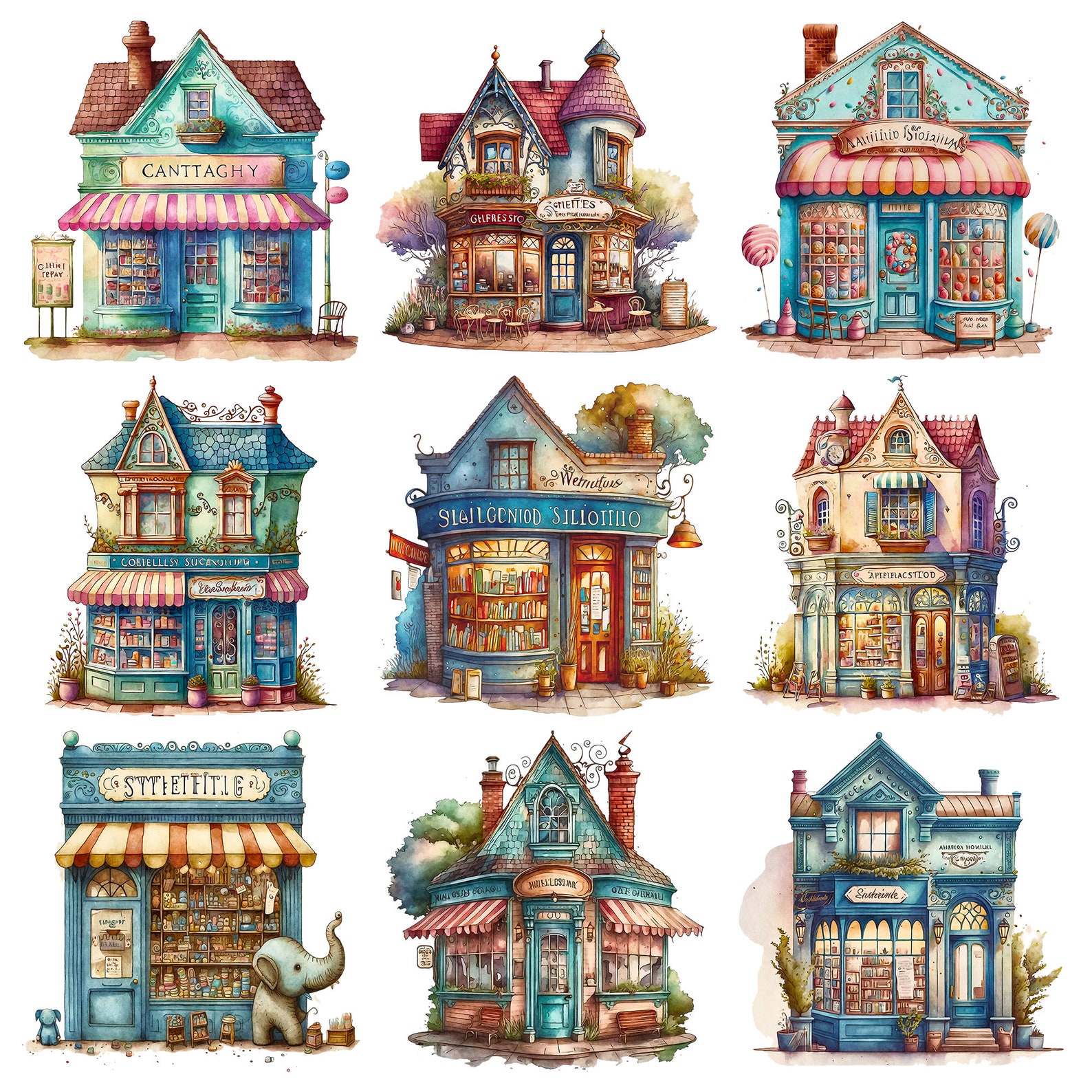 Whimsical Shop Clipart Set Cute Watercolor Shop Front Village High ...