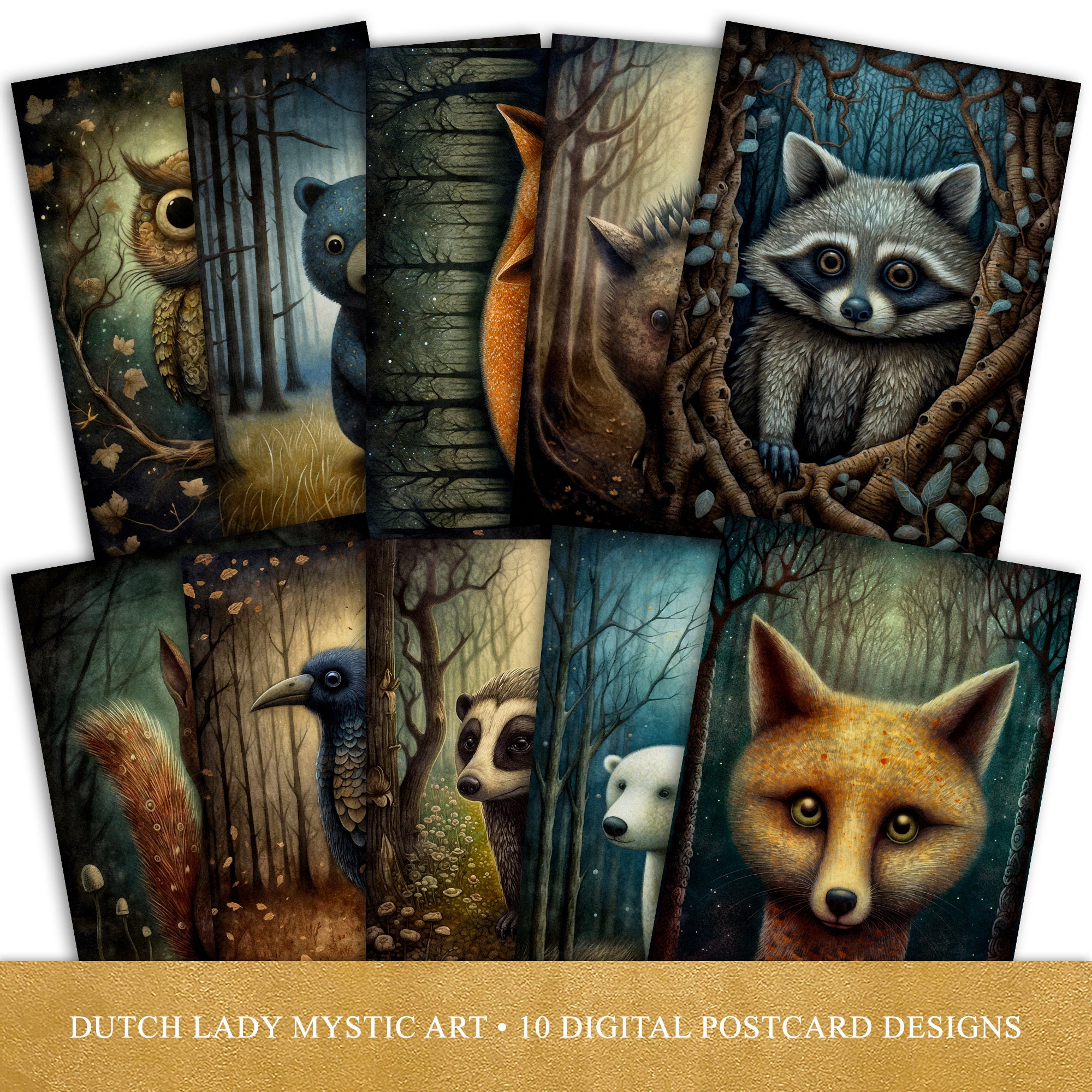 Dark Forest Animals Postcard and Poster Set Printable Digital Card ...
