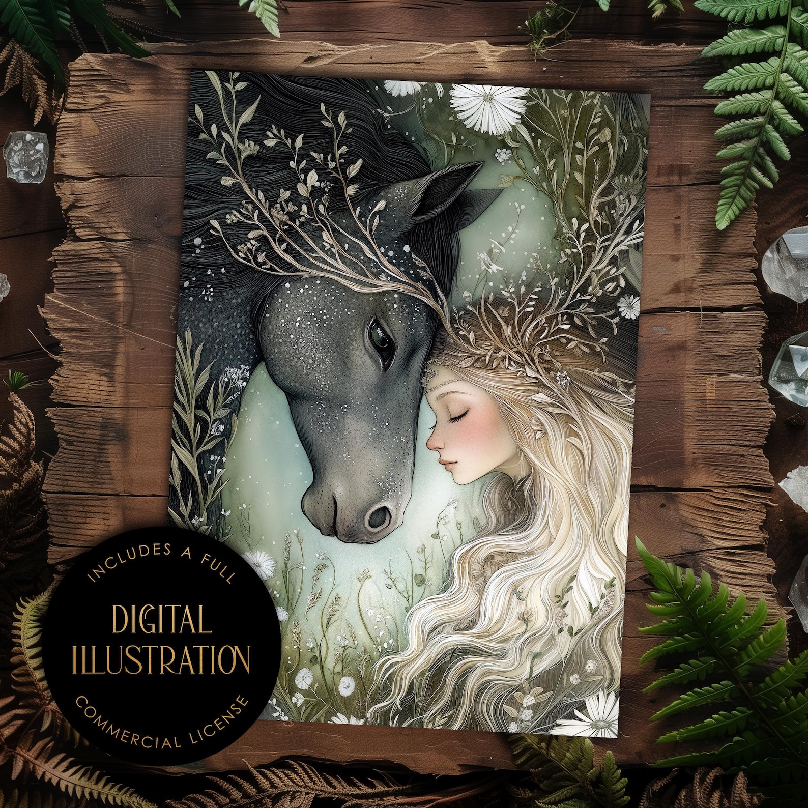 Forest Nymph & Black Horse, DIGITAL Illustration, Entangled in Vines, Esoteric Nature Artwork ...