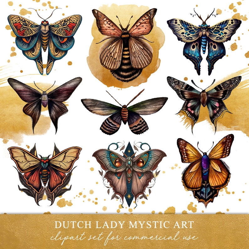 Mystical Gothic Moth Clipart Set - Watercolor Decorations - Digital ...