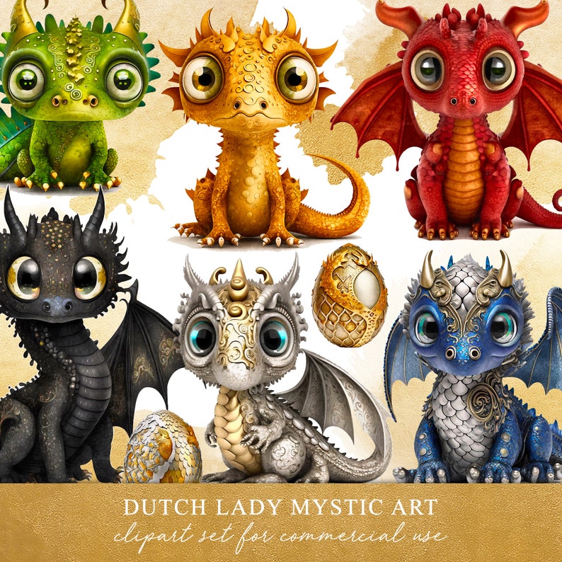 Cute Little Dragon Clipart Set - Fantasy Cartoon Creatures - Metallic ...