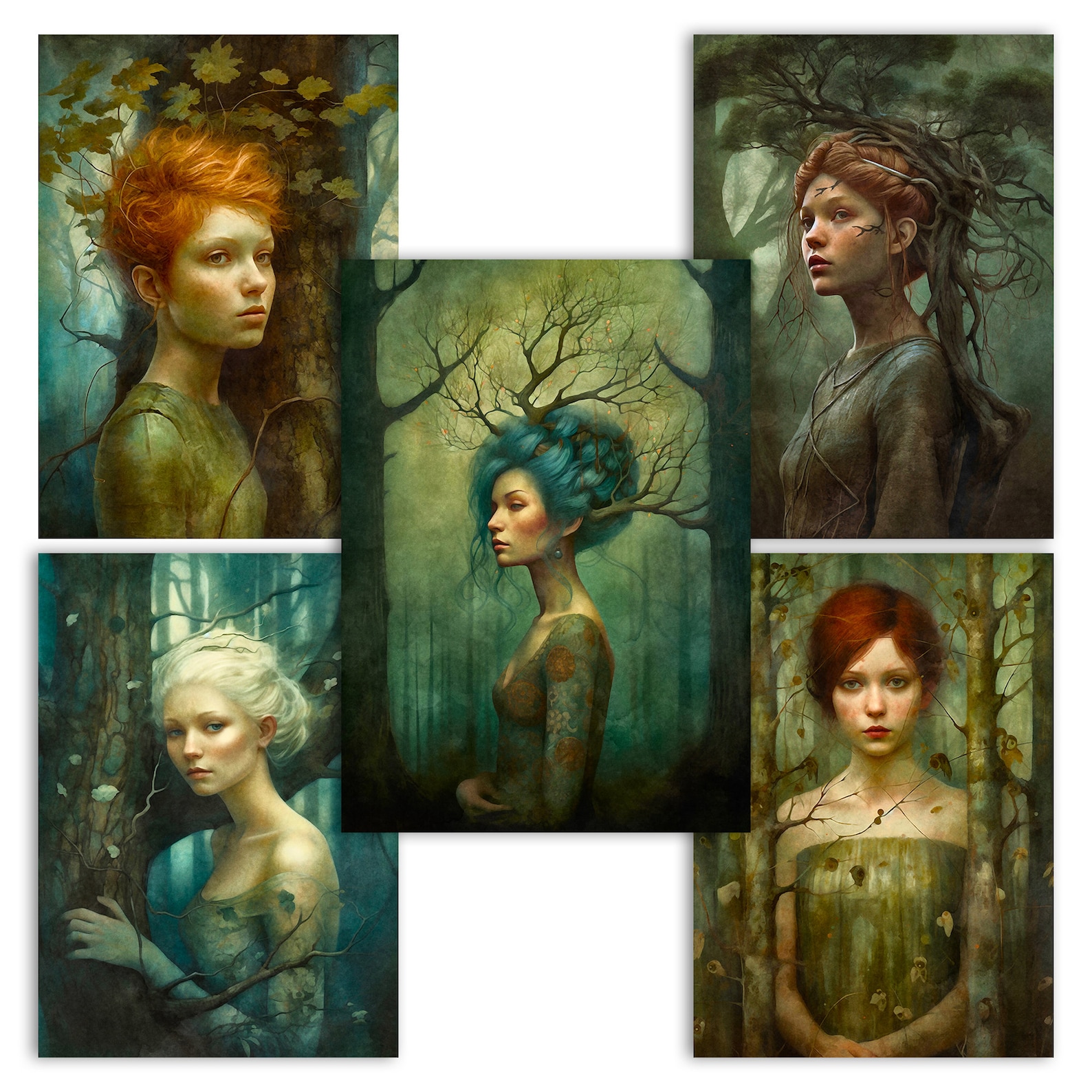Nordic Tree Girls Postcard and Poster Set, Fantasy Forest Women ...
