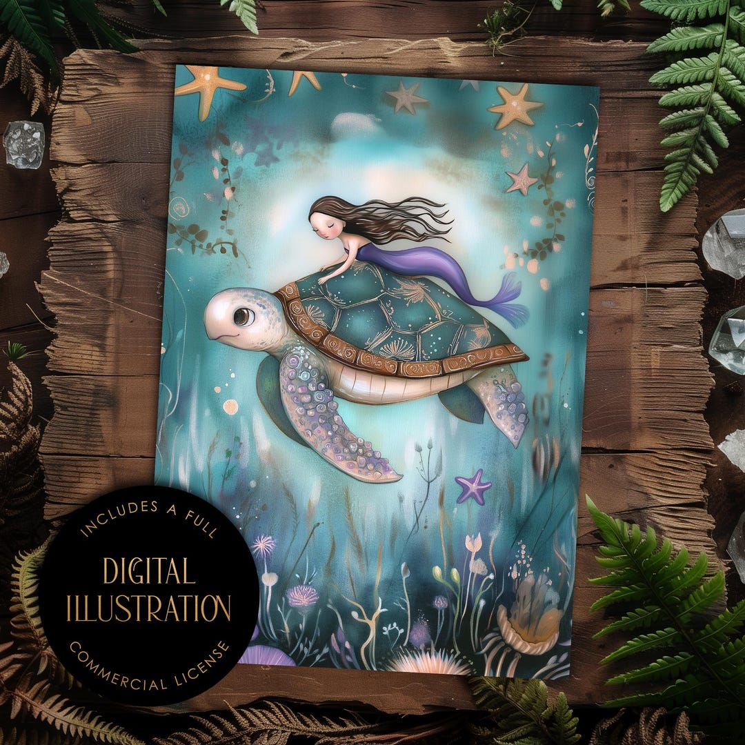 Mermaid & Sea Turtle DIGITAL Illustration, Cute Kids Storybook Art ...