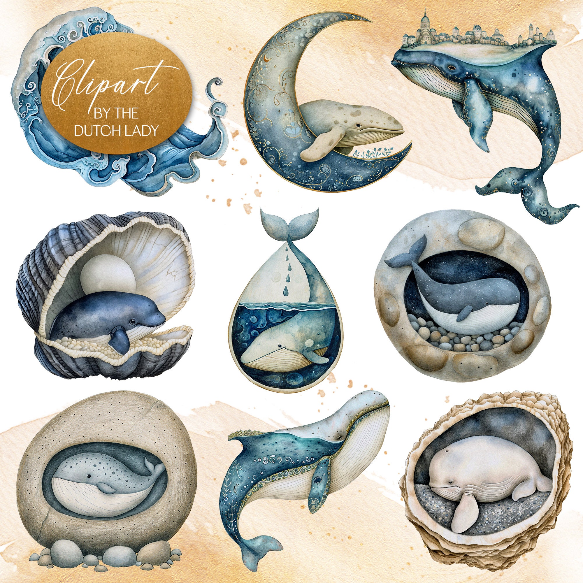 Whimsical Whales Clipart Set Enchanted Ocean & Sea Graphics Whale in ...