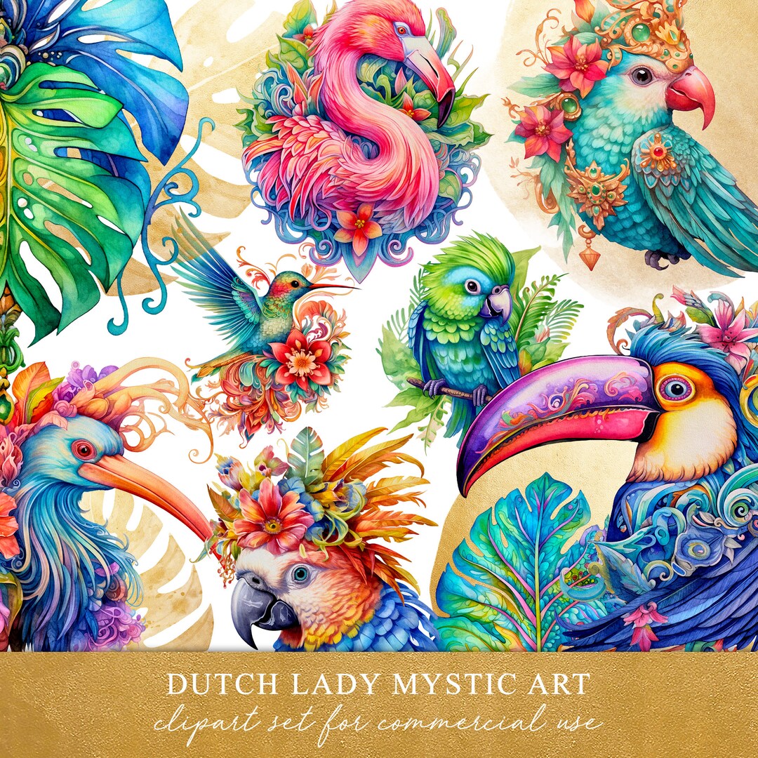 Tropical Birds Clipart Set - Colourful Jungle Bird & Monstera Leaves ...