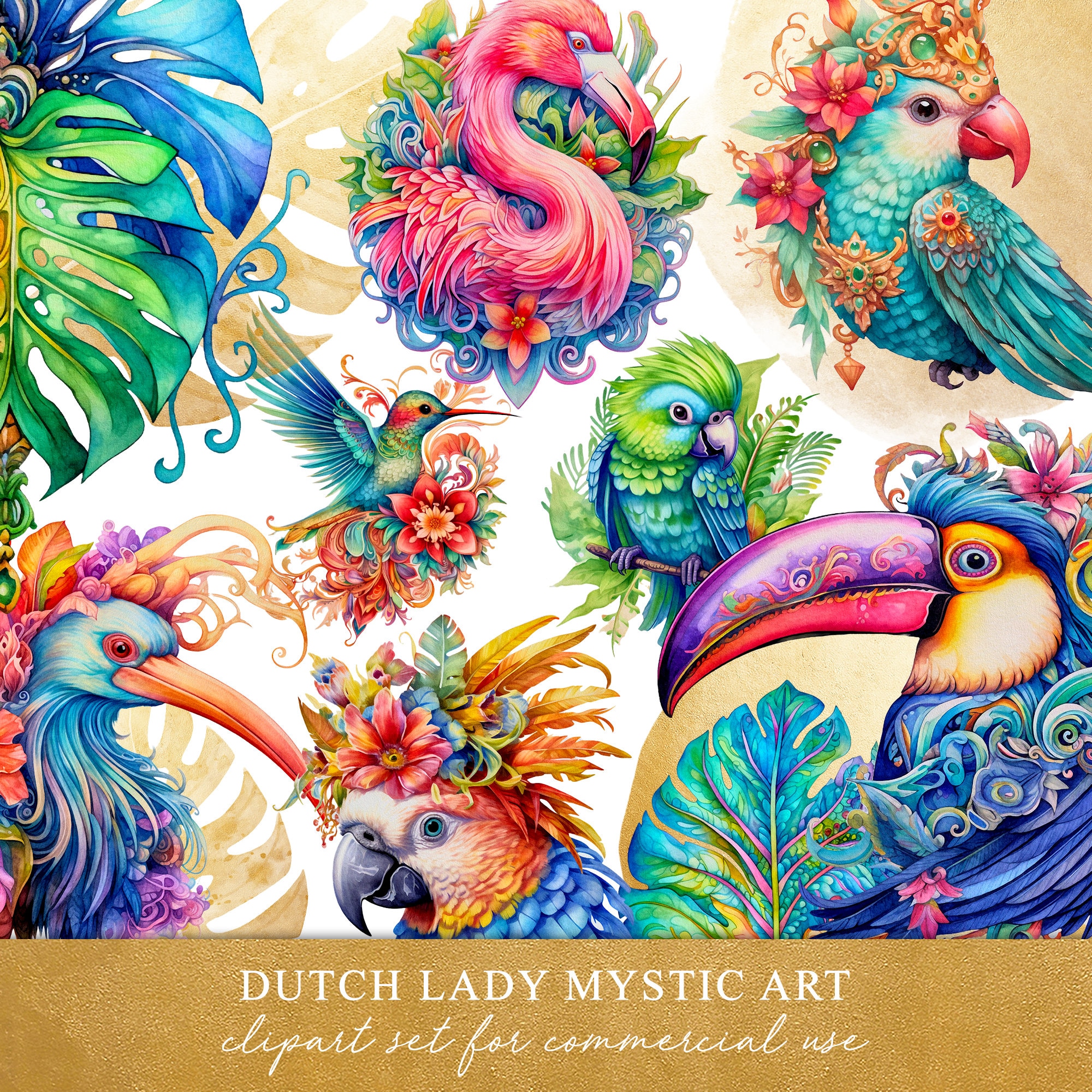 Tropical Birds Clipart Set - Colourful Jungle Bird & Monstera Leaves ...