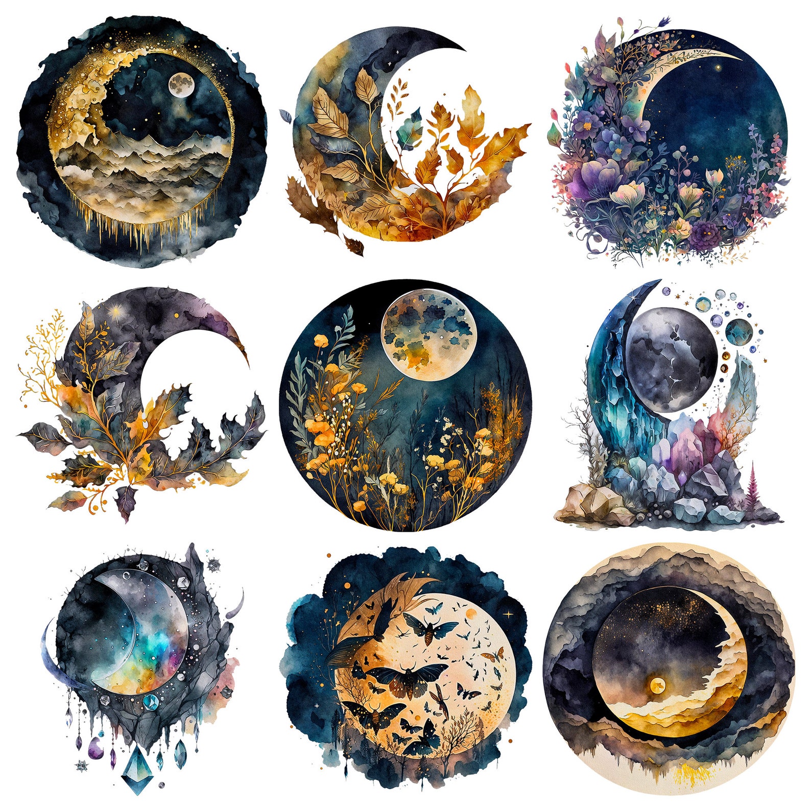Mystic Moon Phase Clipart: Watercolor Flowers, Crystals, Moths (digital ...