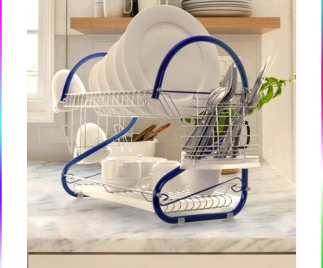 2 Tier Kitchen Dish Rack Drainer Silver With Blue Accent FREE SHIPPING ...