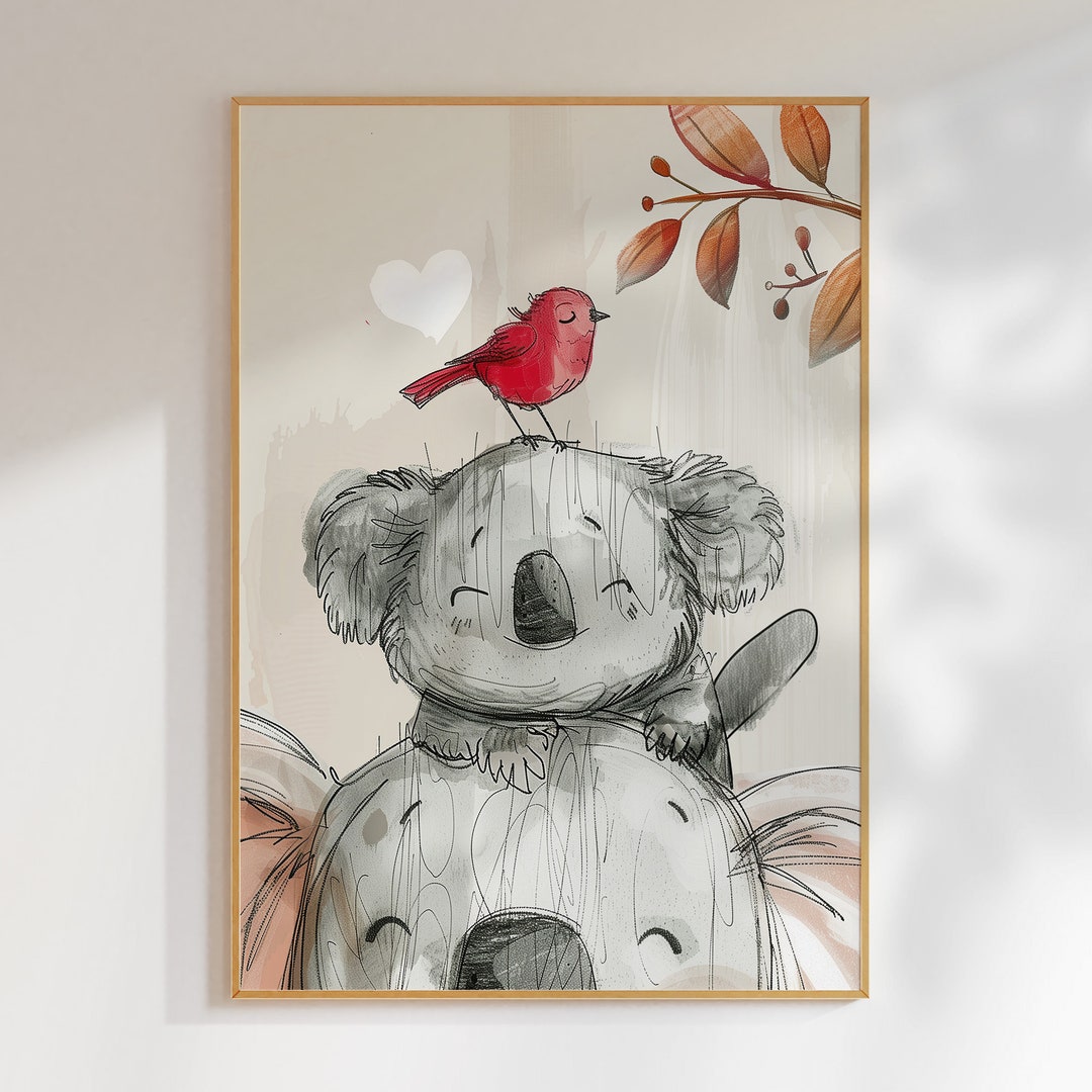 Koala Nursery Art Print, Bird on Koala, Animal Wall Decor (digital ...